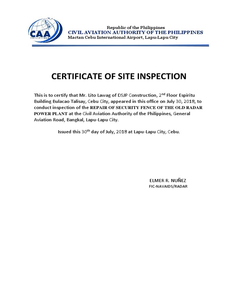 Certificate of Site Inspection | Aviation
