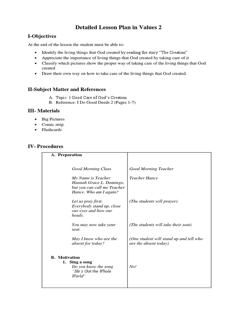 Detailed Lesson Plan in Values 2 I-Objec | PDF | Sky | Nature