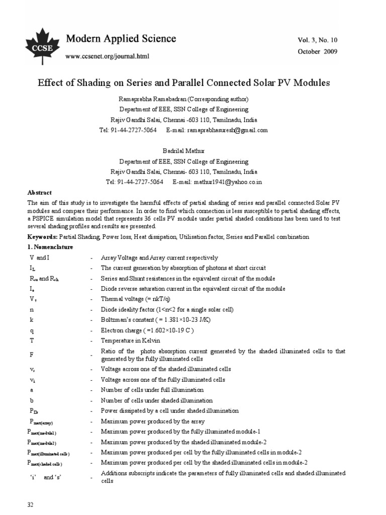 Effect of Shading On Series and Parallel Connected Solar PV Modules ...