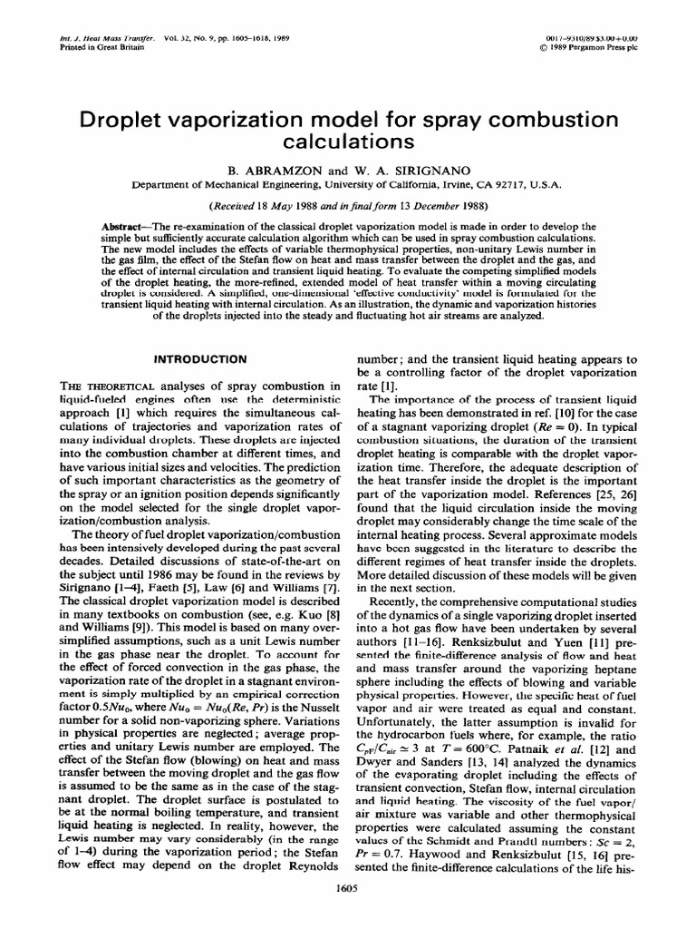 Droplet Vaporization Model For Spray Combustion Calculations | Download ...