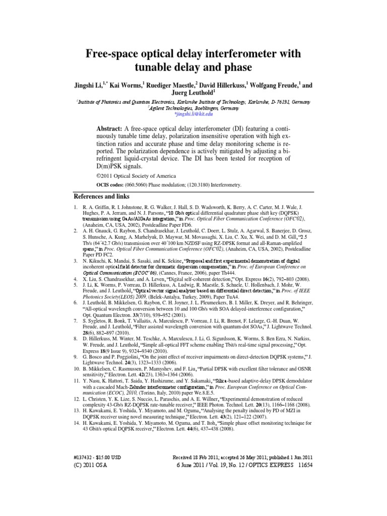 Free-Space Optical Delay Interferometer With Tunable Delay and Phase | PDF | Polarization (Waves ...
