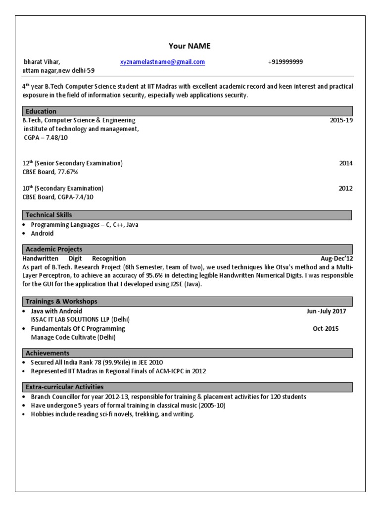 B.Tech CSE Resume for IIT Madras Student | PDF | Career & Growth ...