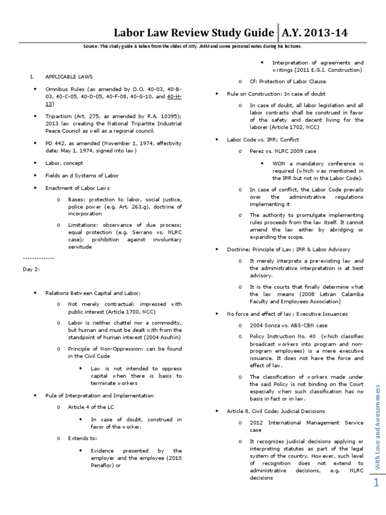 Study Guide For Labor Law Review 2013-14 | PDF | Precedent | Employment