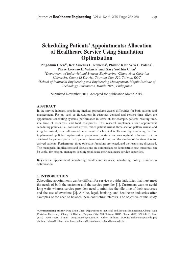 Scheduling Patients' Appointments: Allocation of Healthcare Service Using Simulation ...