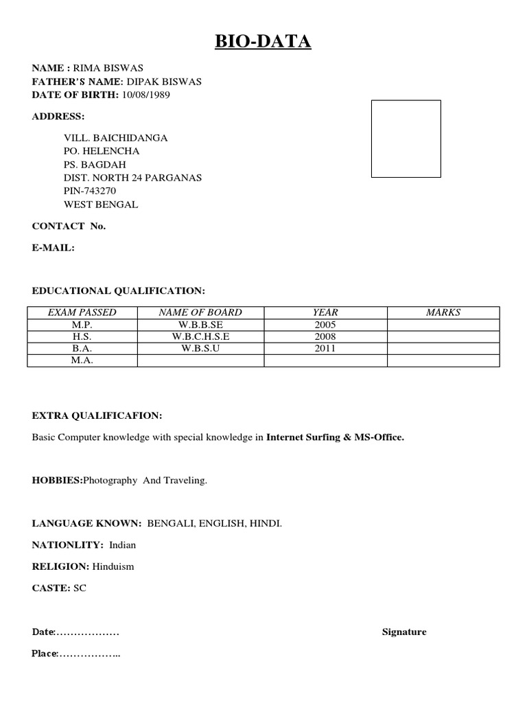 Simple Biodata Format Example | PDF