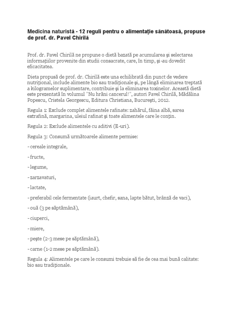 Medicina Naturista - Dieta de Slabit Cu 12 Reguli Dupa Dr. Pavel Chirila | PDF