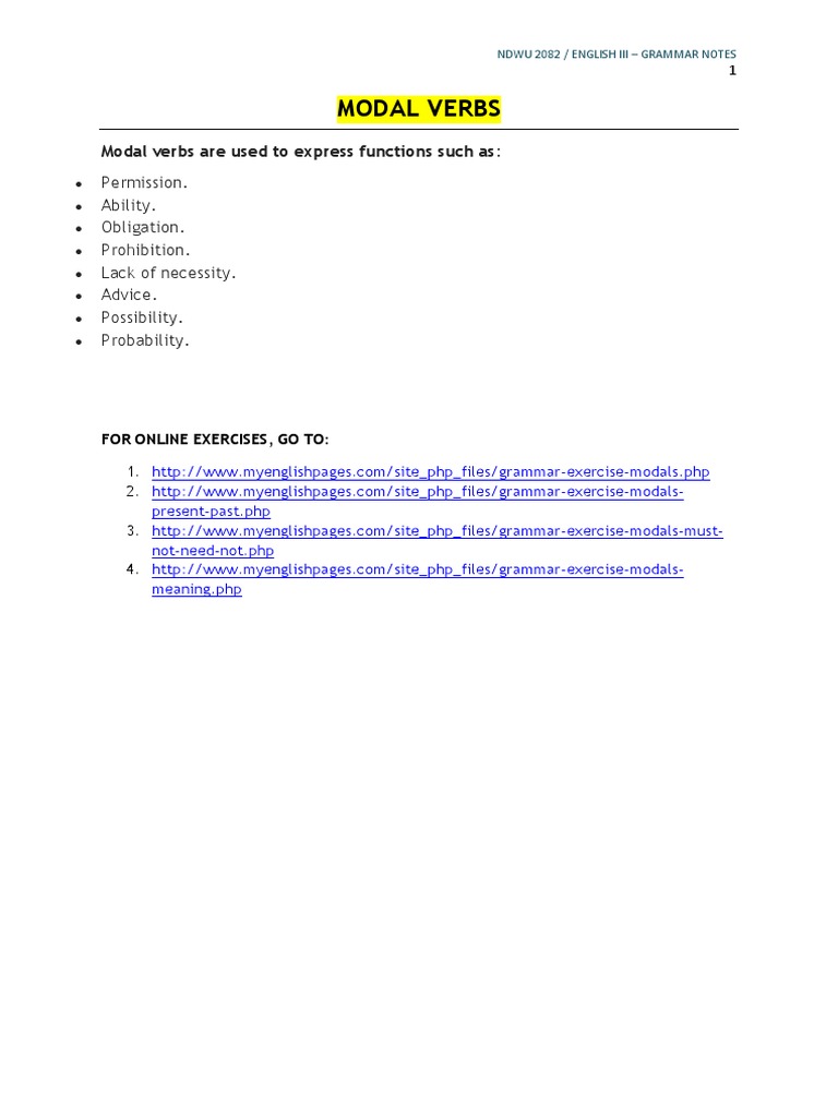 Modal Verbs Explained: Functions, Examples and Exercises | PDF | Linguistic Typology | Syntax