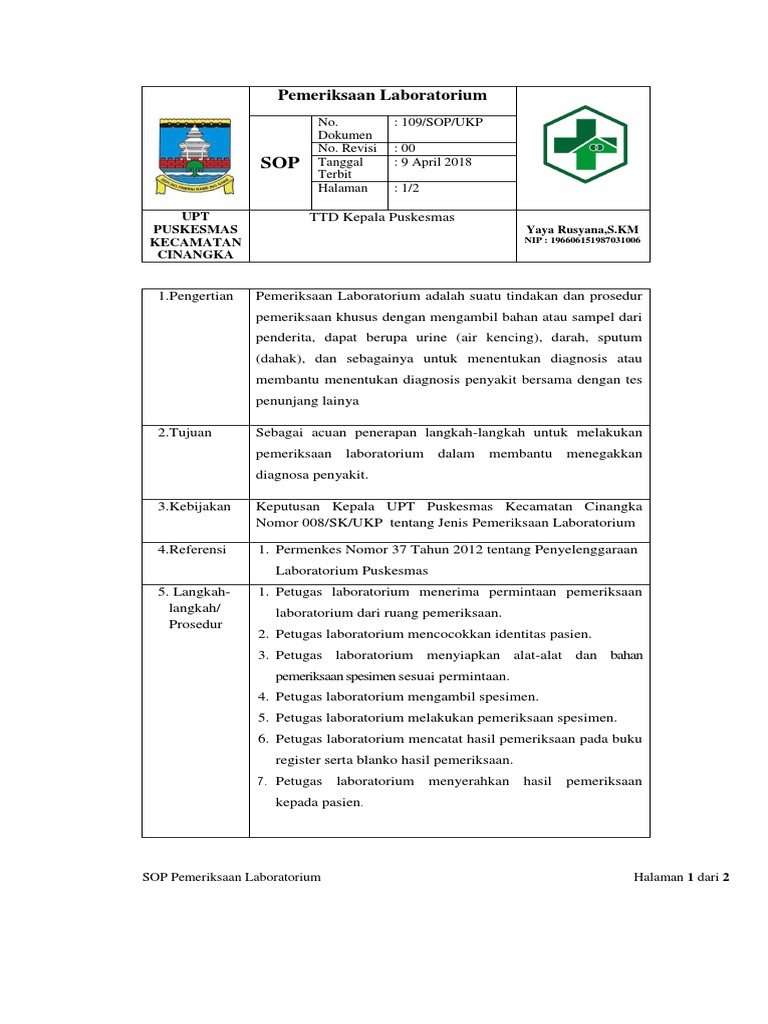 SOP Pemeriksaan Laboratorium | PDF | Pengembangan Diri | Kesehatan Holistik