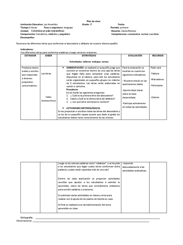 Plan de Clase Castellano Las Letras Zacha 3° | PDF | Lengua española ...