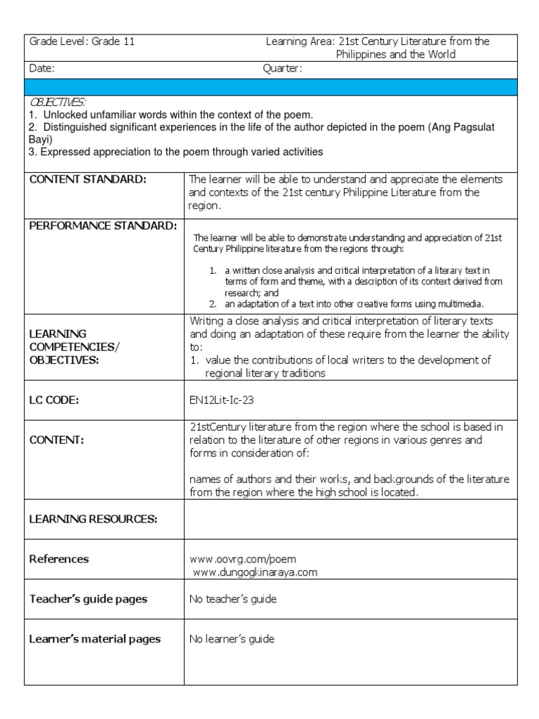 Daily Lesson Plan 21st Century Lit. | PDF | Lesson Plan | Teachers