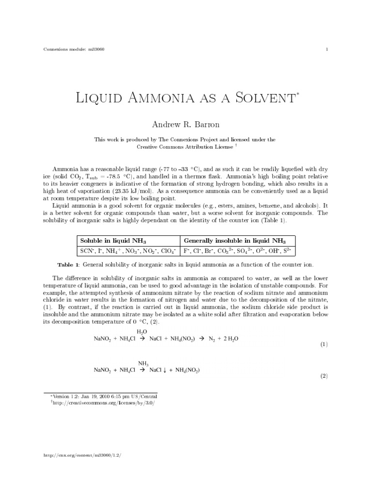 Liquid Ammonia As A Solvent: Andrew R. Barron | PDF | Solubility | Ammonia