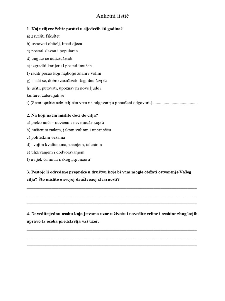 Anketni Listić o Životnim Ciljevima | PDF