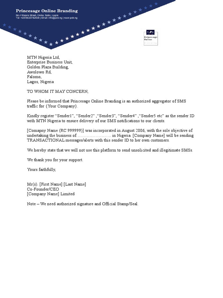 MTN Nigeria LTD Sender ID Request Letter | PDF