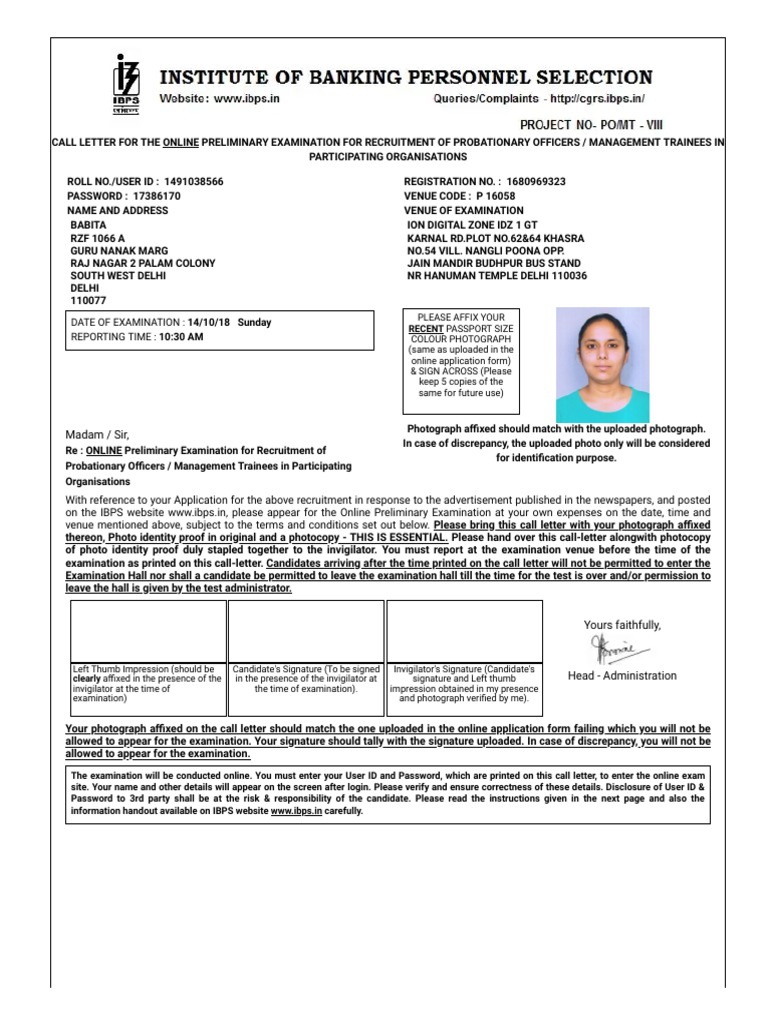 Ibps Admit Card | PDF | Identity Document | Test (Assessment)