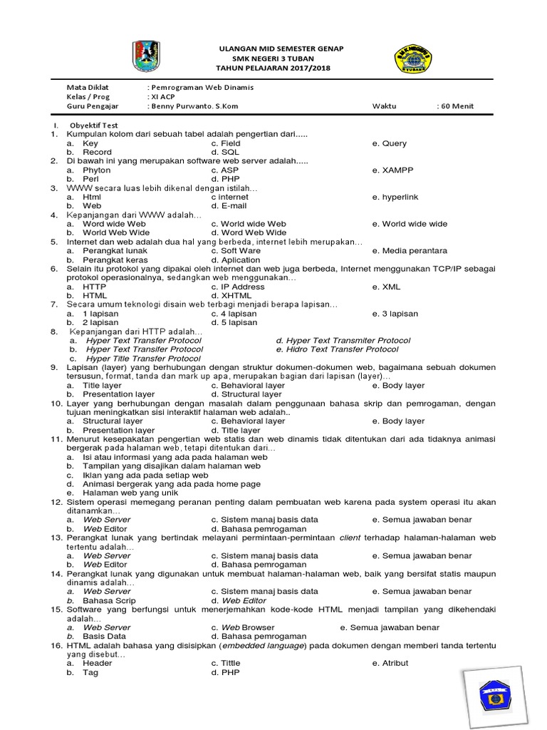 UTS Pemrograman Web Dinamis 2017 2018 | PDF