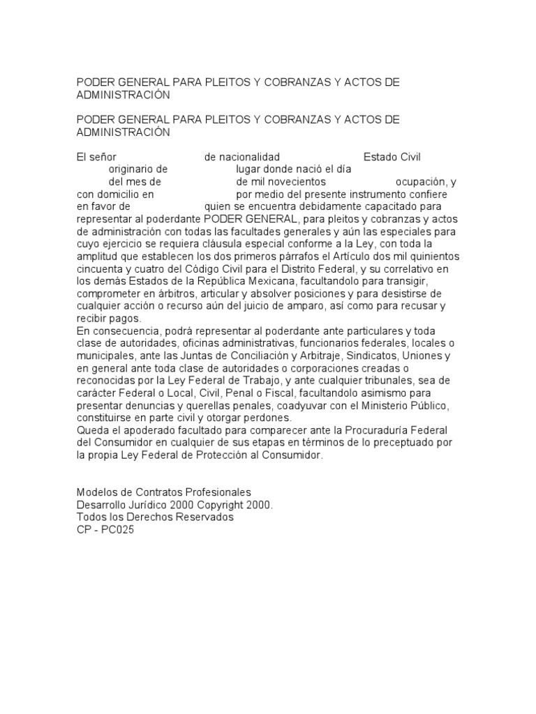 Poder General para Pleitos y Cobranzas y Actos de Administración | PDF ...