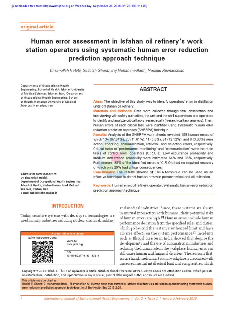 Human Error Assessment in Isfahan Oil Refinerys W PDF | PDF ...