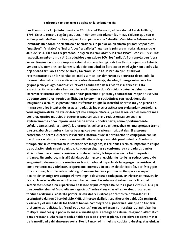 Farberman Imaginarios Sociales en La Colonia Tardía Revisado | PDF | Casta | Métis