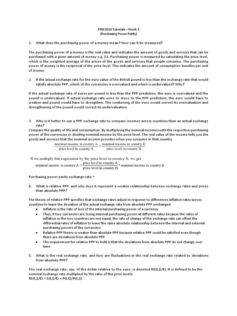 FINS3616 Tutorials - Week 3, Questions | Download Free PDF | Purchasing Power Parity | Japanese Yen
