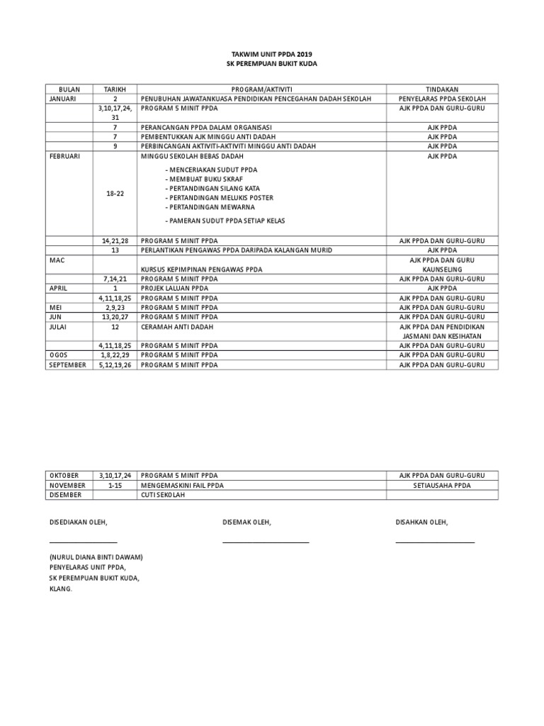 Takwim Baru Unit Ppda 2019 | PDF