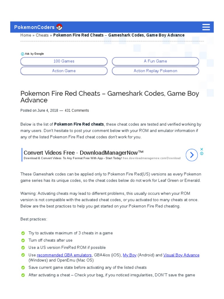 WWW Pokemoncoders Com Pokemon Fire Red Gameshark Codes | PDF | Cheating ...