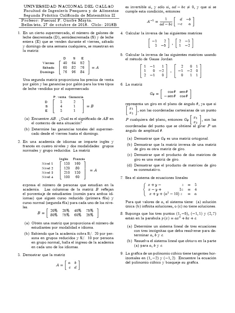 Practica Calificada 2 | PDF | Sistema de ecuaciones lineales | Matriz (Matemáticas)