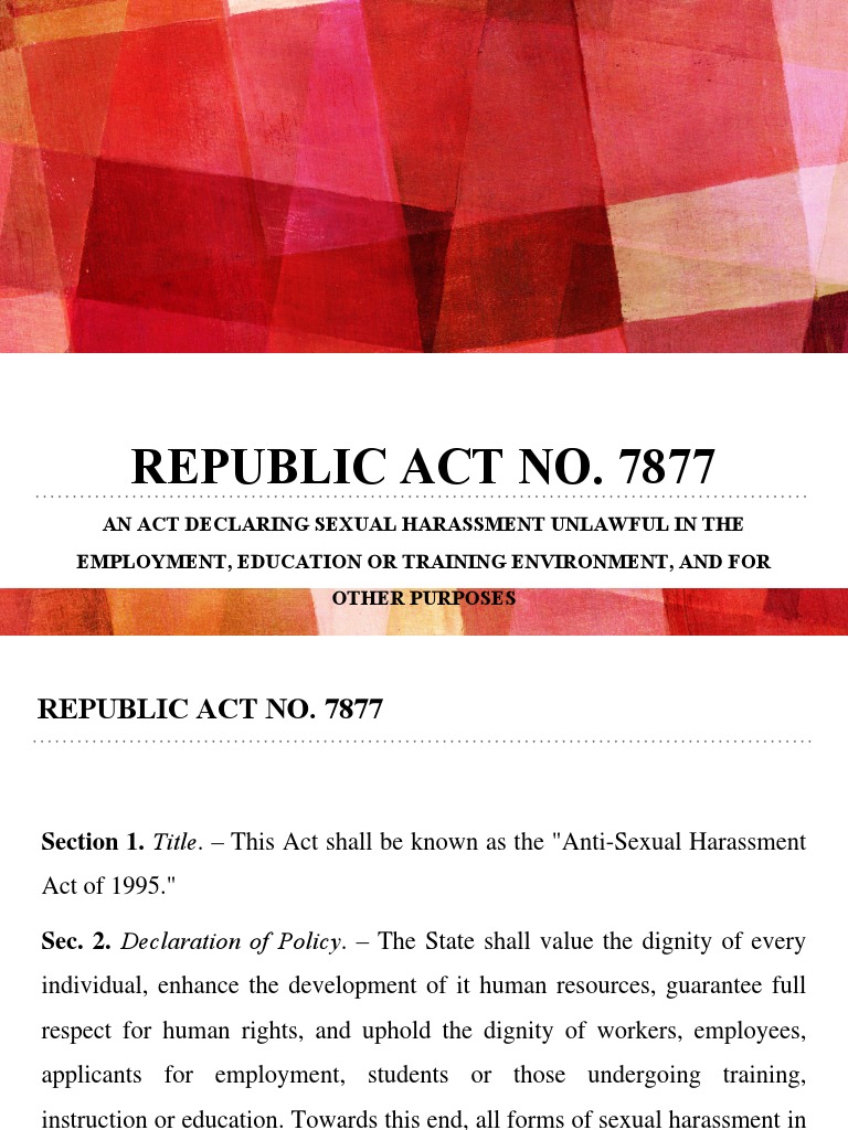 Republic Act No. 7877 | PDF | Sexual Harassment | Harassment