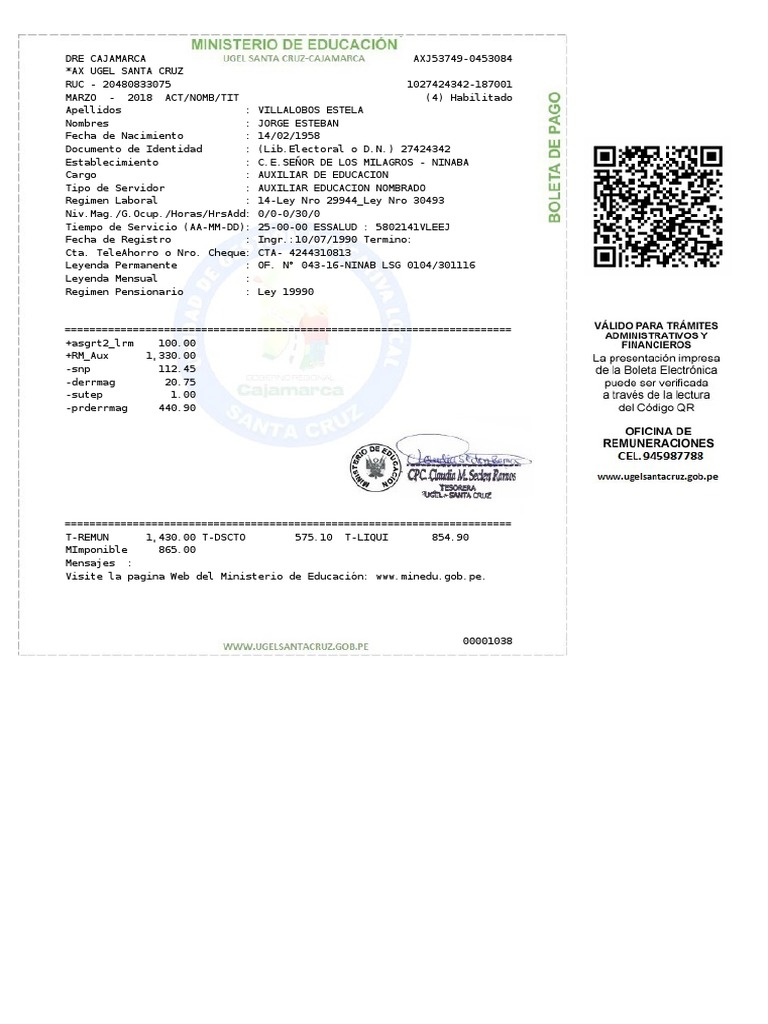 Boleta de Pago Auxiliar Educación 2018 | PDF