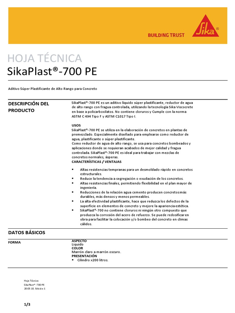 SikaPlast 700 PE | PDF | Hormigón | Química