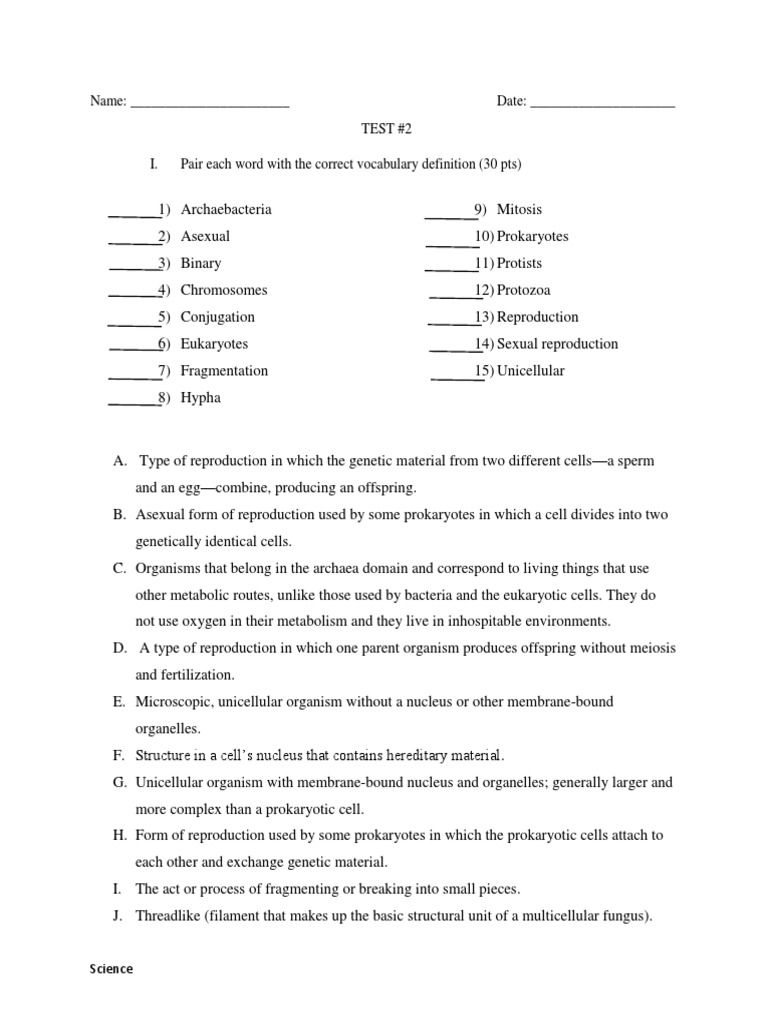 Name: - Date: - Test #2 I. Pair Each Word With The Correct Vocabulary ...