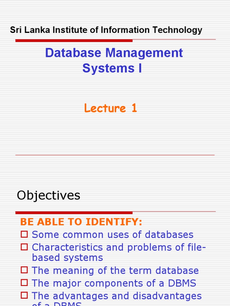 Database Management Systems I: Sri Lanka Institute of Information ...