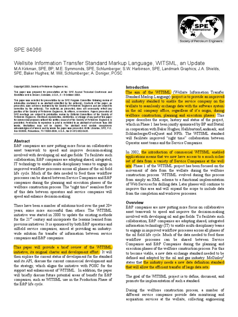 SPE 84066 Wellsite Information Transfer Standard Markup Language, WITSML, An Update | Download ...
