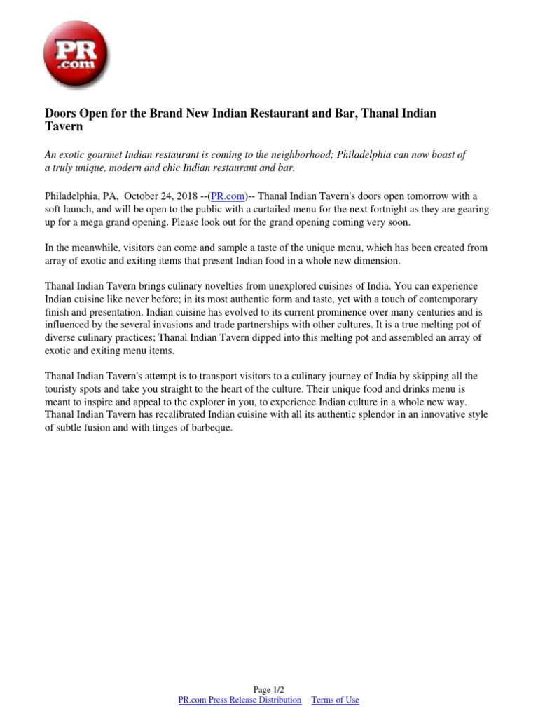 Doors Open For The Brand New Indian Restaurant and Bar, Thanal Indian ...