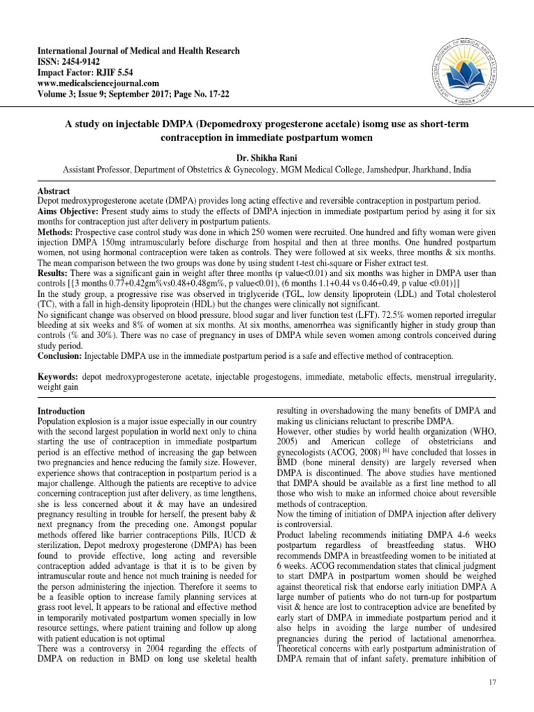 A Study On Injectable DMPA (Depomedroxy Progesterone Acetale) Isomg Use ...