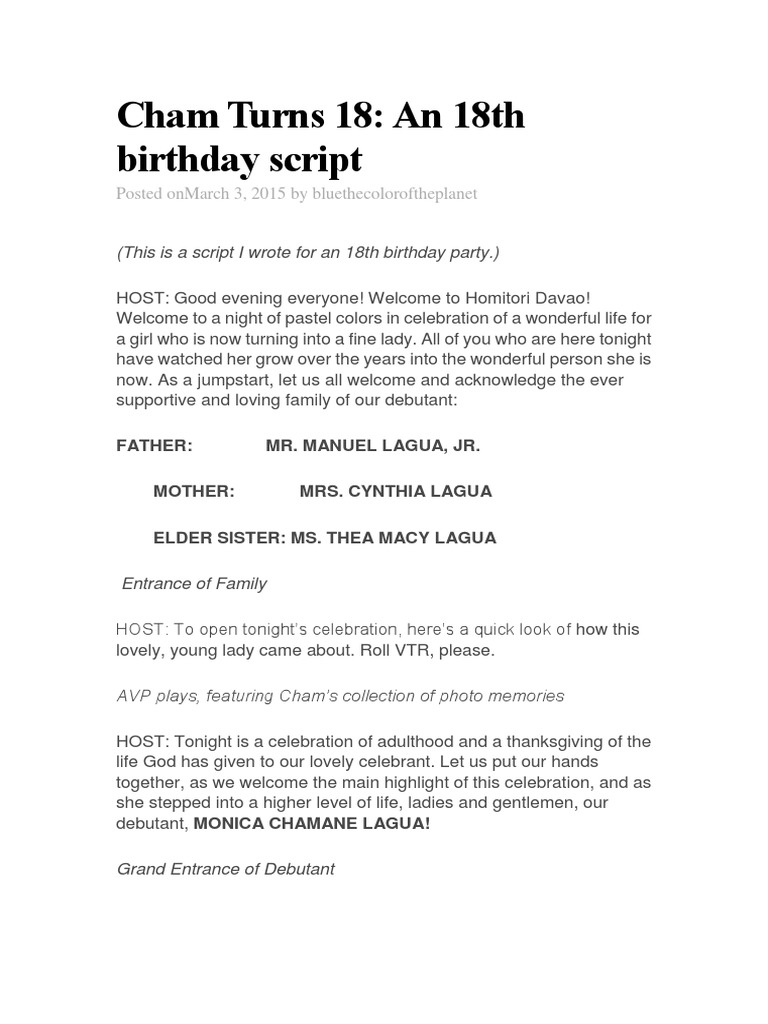 Cham Turns 18: An 18Th Birthday Script: Posted Onmarch 3, 2015 by ...