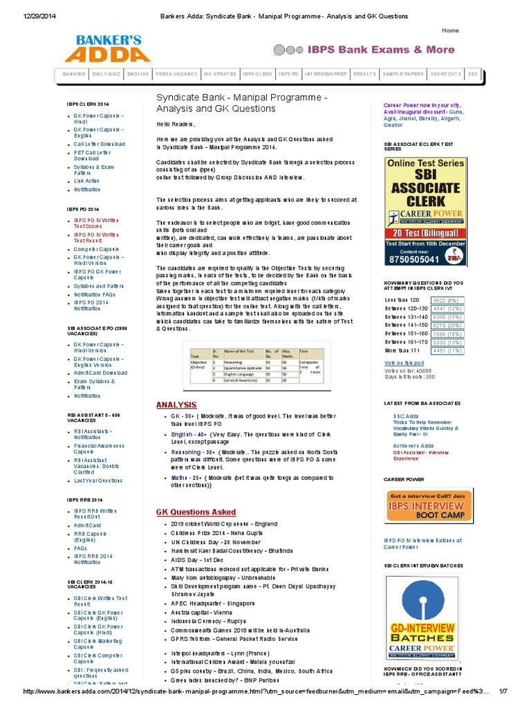 Syndicate Bank Manipal Programme Analysis and GK Questions | PDF ...