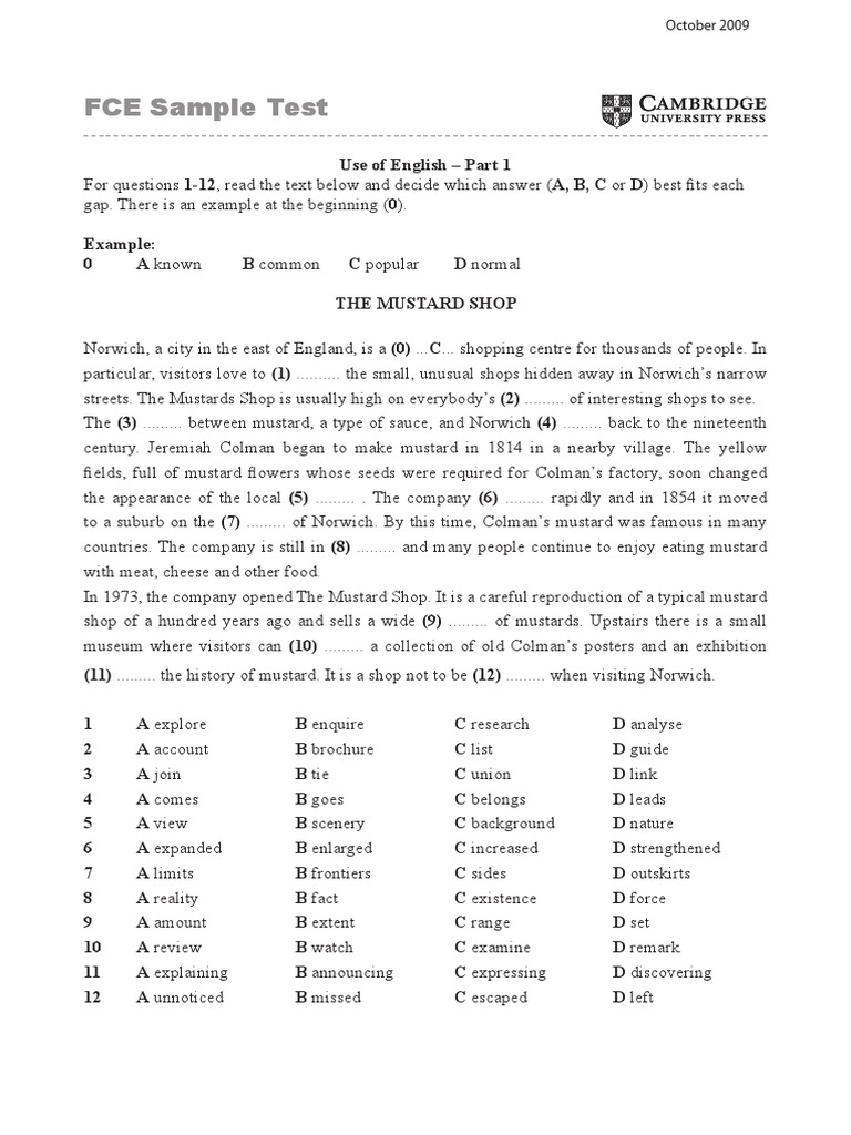 FCE Sample Test FCE Sample Test: October 2009 | PDF | Mustard ...