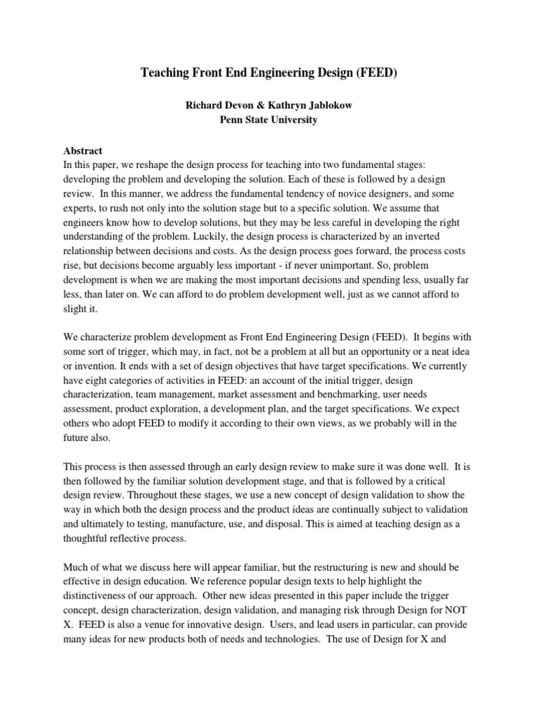 Teaching Front End Engineering Design (FEED) : Richard Devon & Kathryn Jablokow Penn State ...