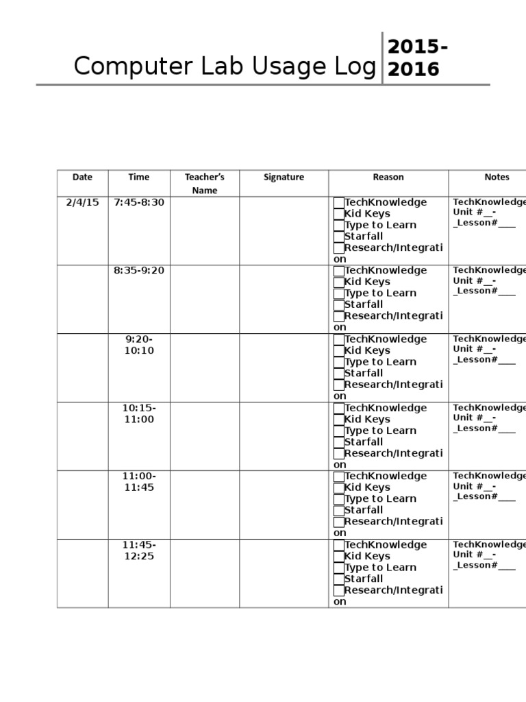 Computer Lab Usage Log: Date Time Teacher's Name Signature Reason Notes ...