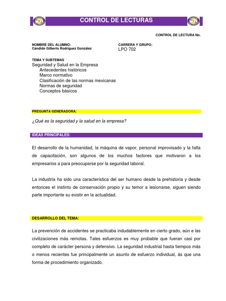 Control de Lecturas: Seguridad Laboral | PDF | Seguridad y salud ...