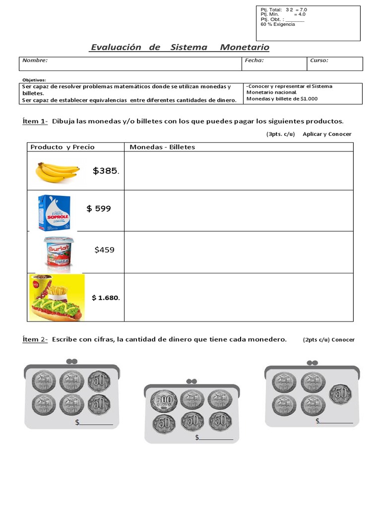 Prueba Matematica Sistema Monetario | PDF | Euro | Monedas