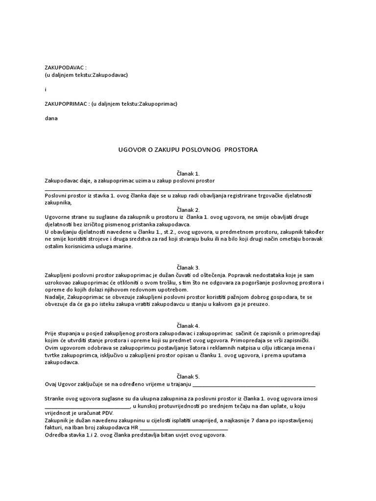 Primjer Ugovora o Zakupu | PDF