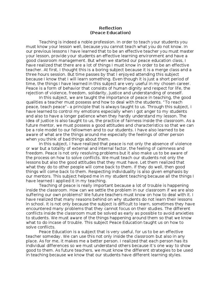 Reflection | PDF | Teachers | Peace