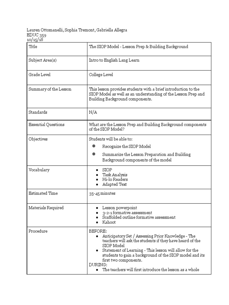 Siop Lesson Plan | PDF | Behaviorism | Teaching