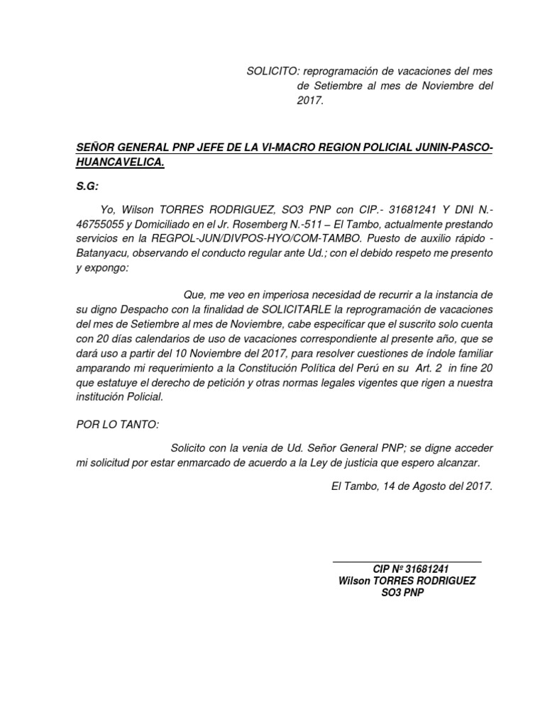 SOLICITUD de Reprogramacion de Vacaciones | Instituciones sociales | Sociedad