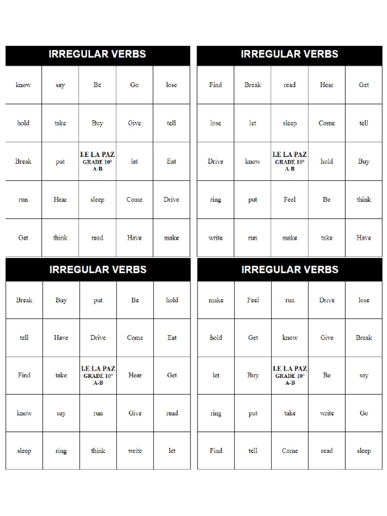 Bingo Verbos Irregulares. | PDF