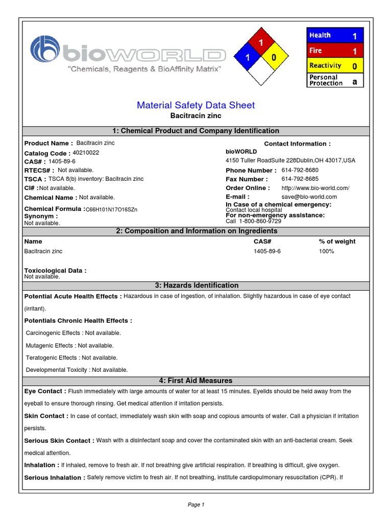 Material Safety Data Sheet: Bacitracin Zinc 1: Chemical Product and ...