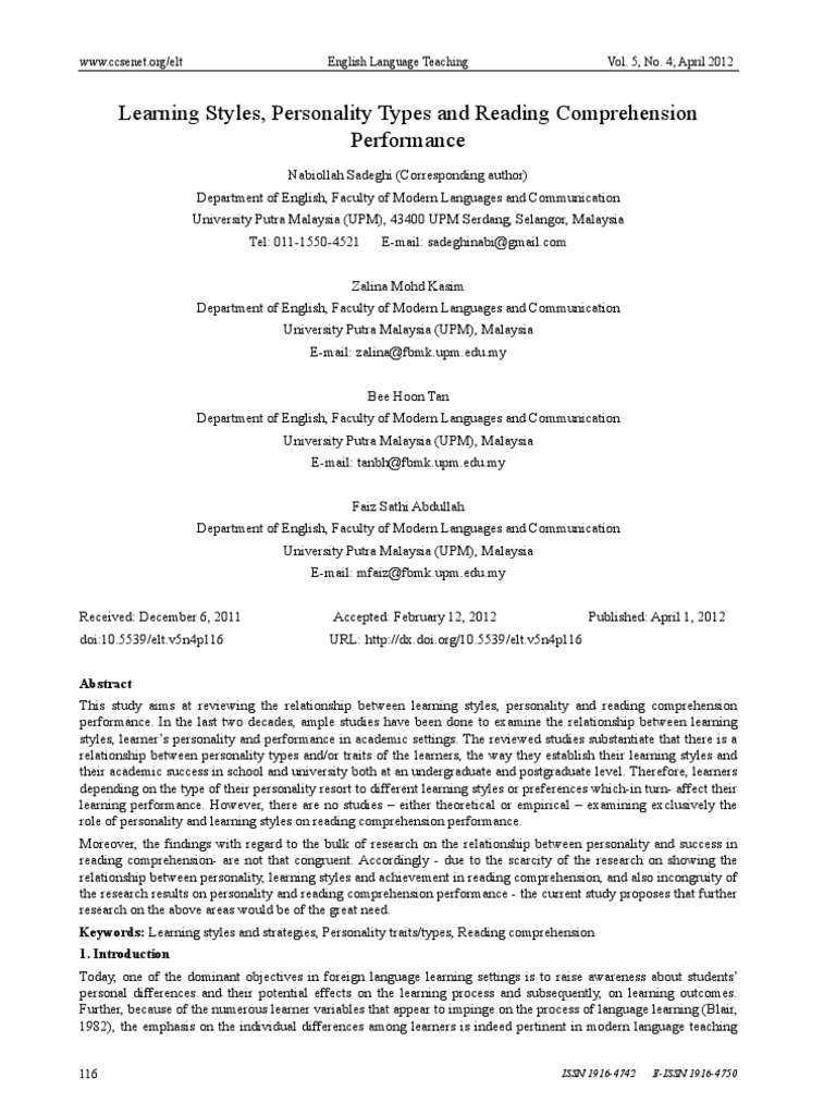 Learning Styles, Personality Types and Reading Comprehension Performance PDF | PDF | Learning ...