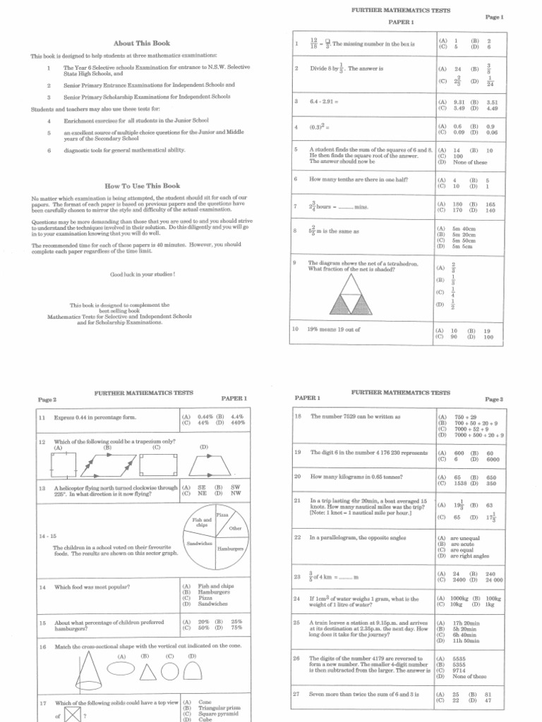 Mathematics Selective School PTest Practice Ten Papers | PDF
