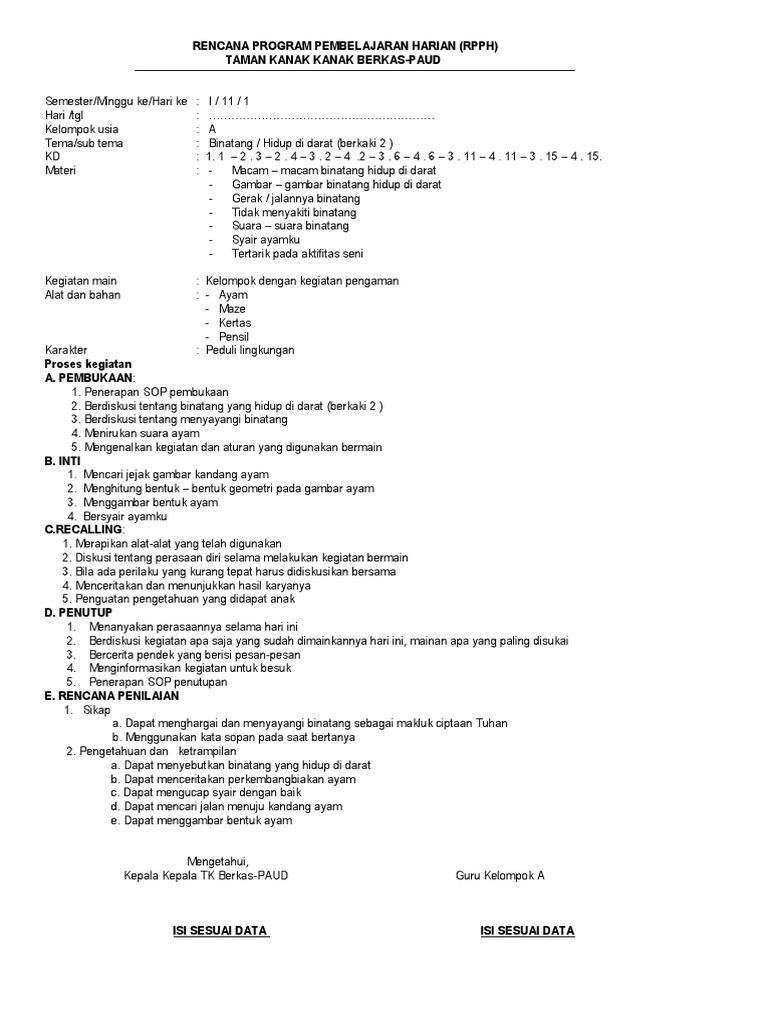 RPPH Tema Binatang Usia 4-5 Tahun Semester 1 HTTPS | PDF